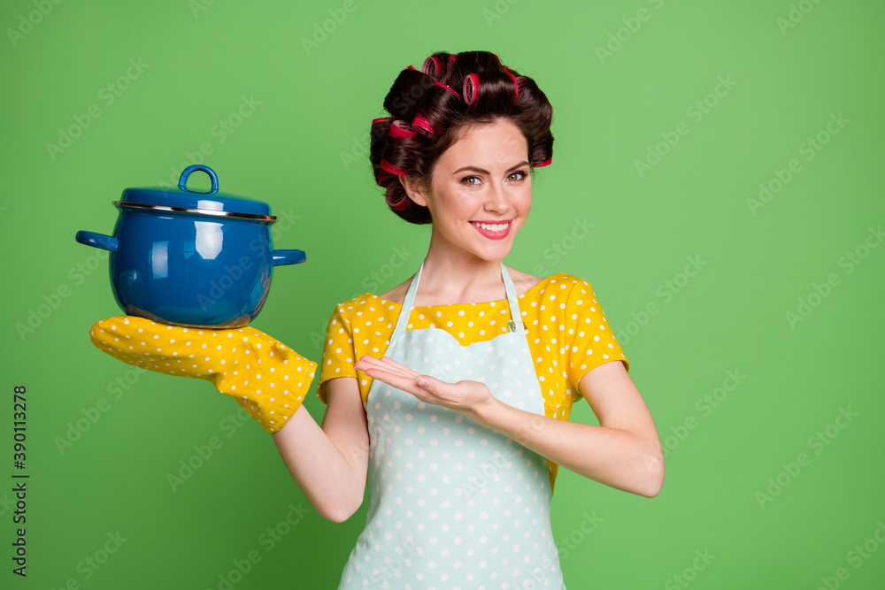 Photo of attractive young lady cooking cheerful curlers hairdo charming ...