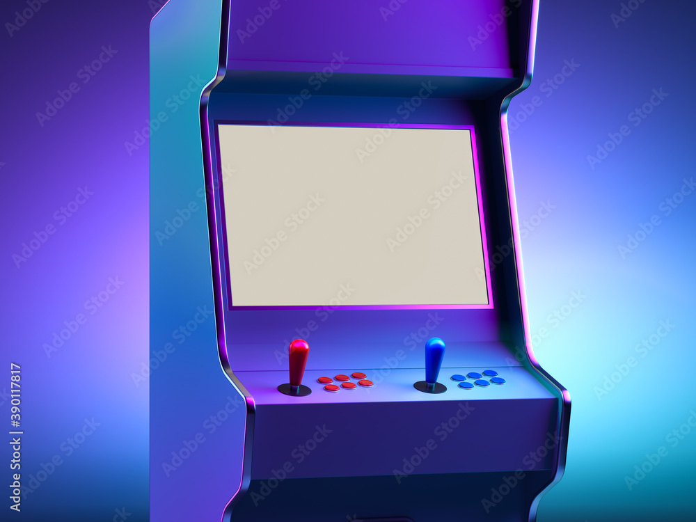 Retro Arcade Machine With Blank Screen Illuminated By Neon Violet Light ...