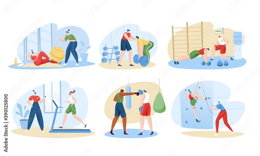 Personal trainer sport coach vector illustration set. Cartoon flat ...