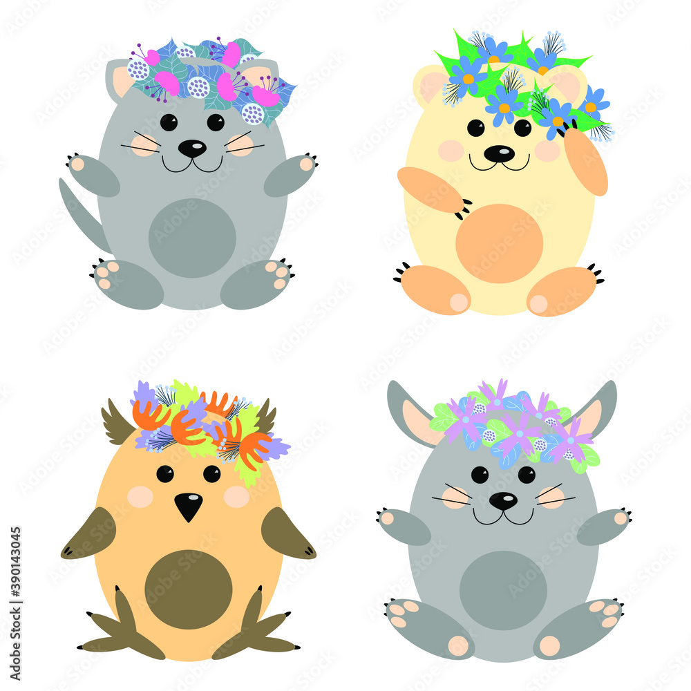Vector animals with spring wreaths. Elements for stickers, cards ...