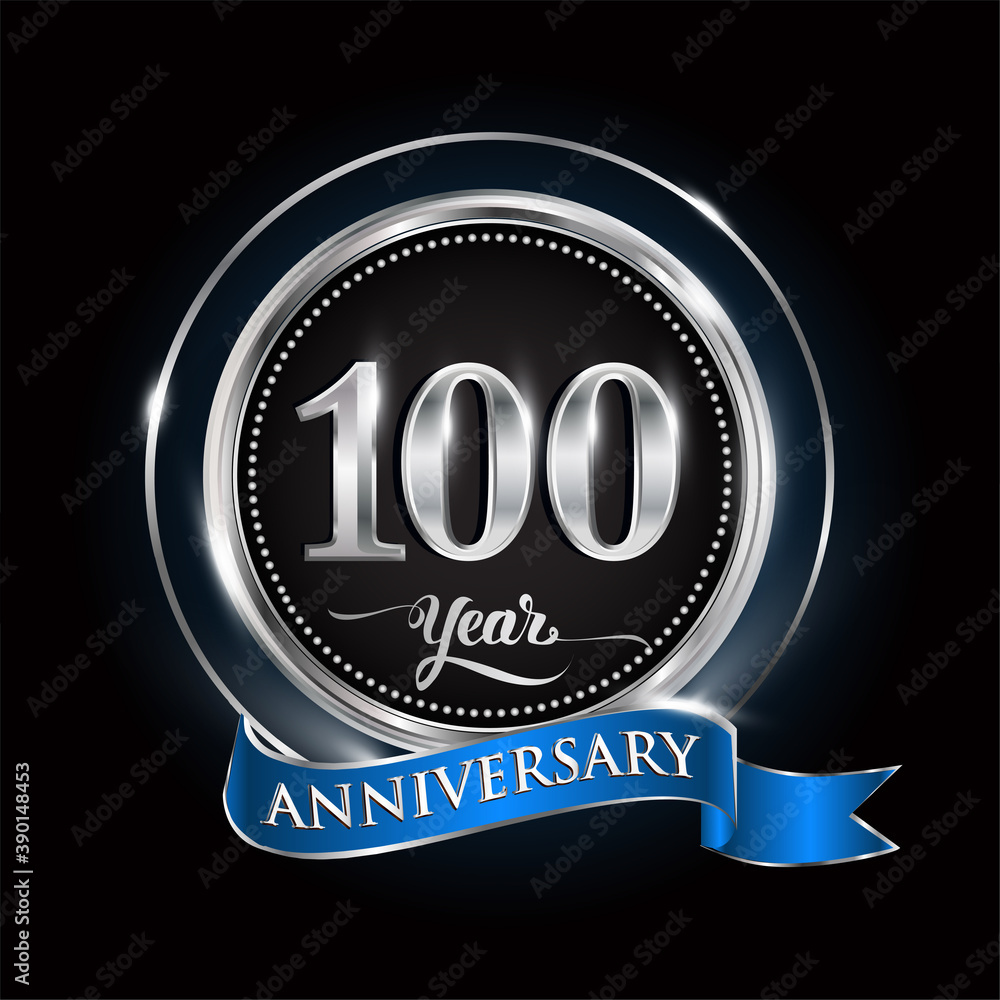 Celebrating 100th years anniversary logo. with silver ring and blue ...