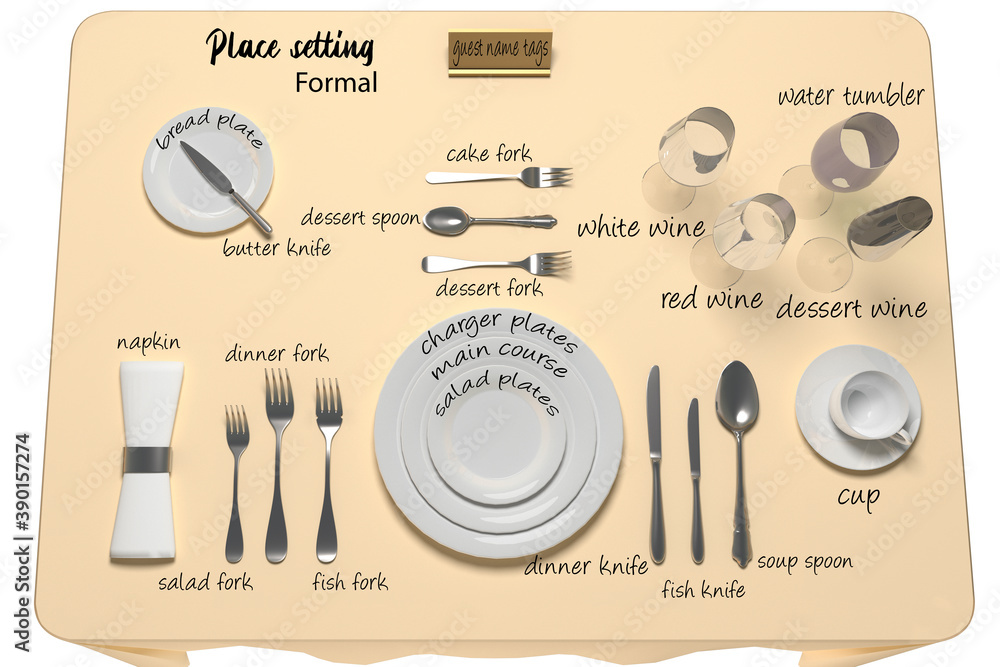 Table setting for a formal dinner, with cutlery names. 3d rendering ...