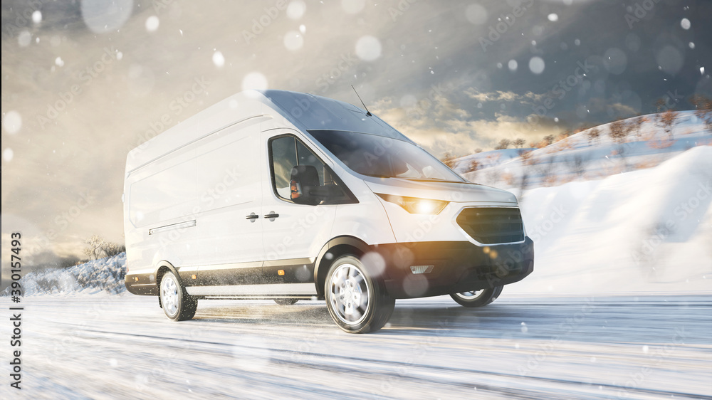 Delivery truck from haulage company with winter tires on road Stock ...