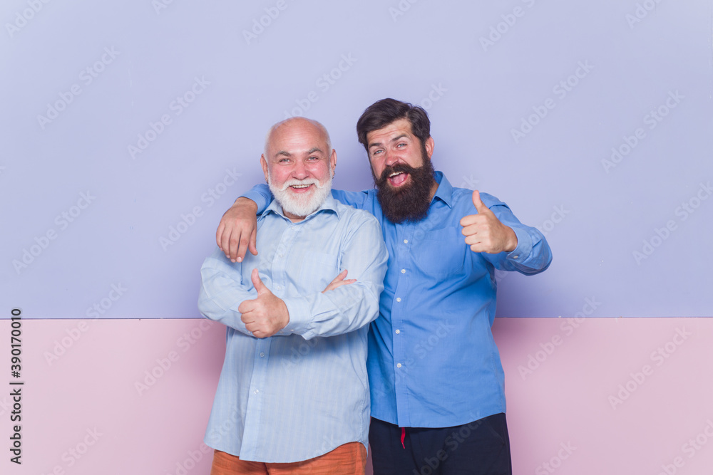 Generation. Old dad and young son. Old man and young man. Old dad and ...