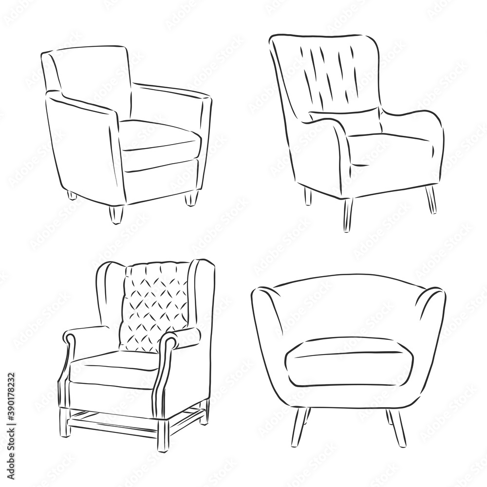 Sketch chair in linear style, outline drawing in black on a white ...