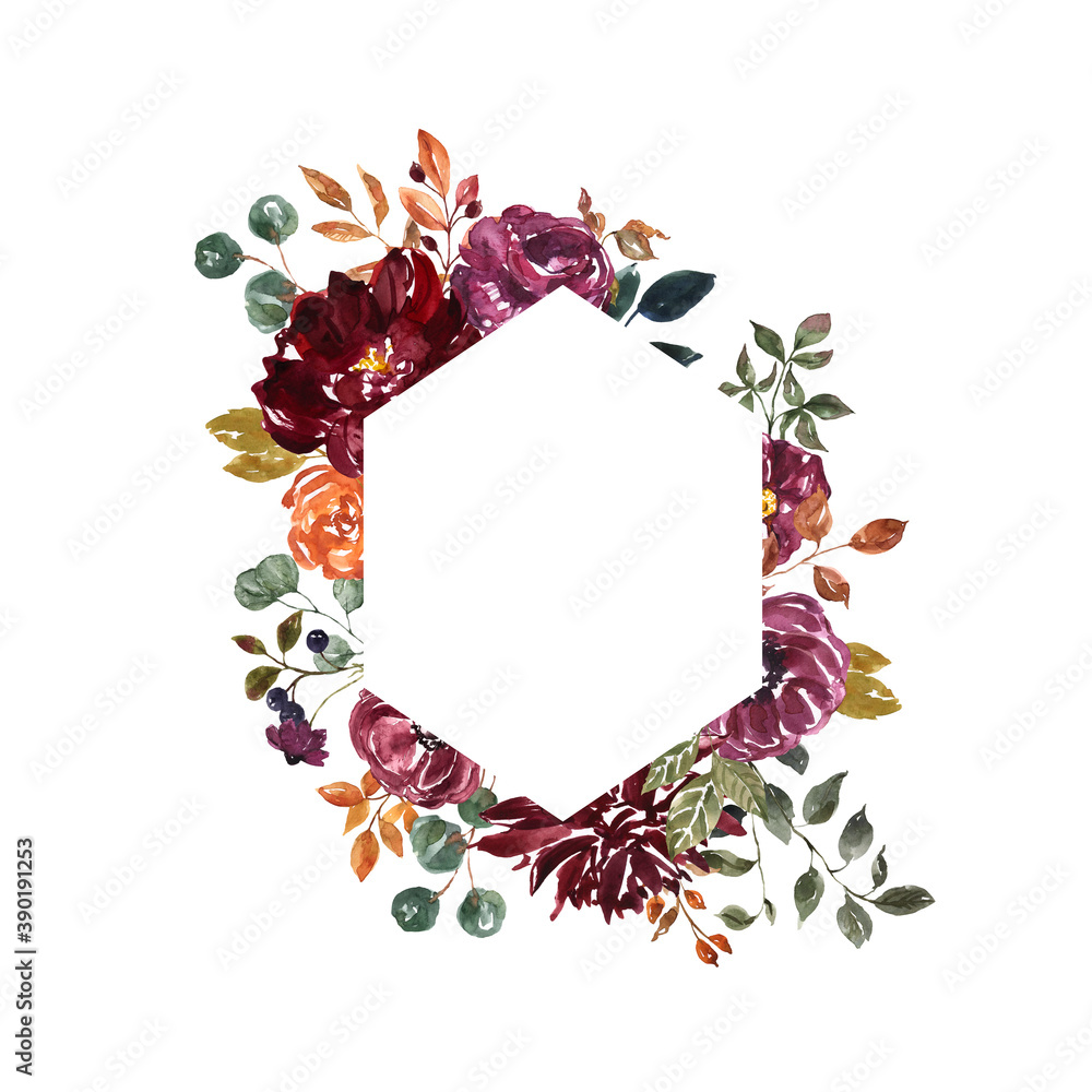 Floral frame illustration, isolated on white background. Watercolor red ...