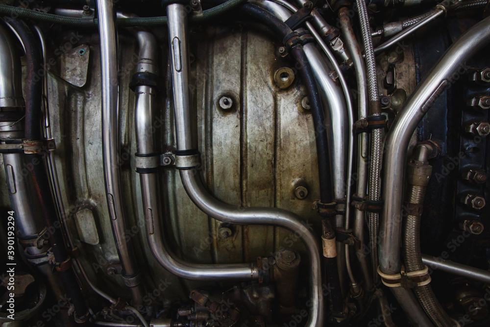 Inner workings of a jet engine with metal pipes and tubes Stock Photo ...