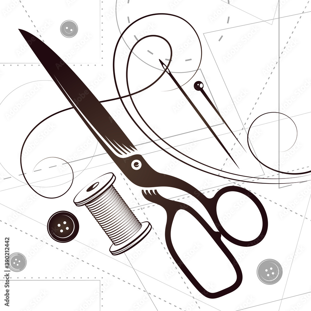 Scissors needle and thread silhouette for cutting and sewing Stock ...