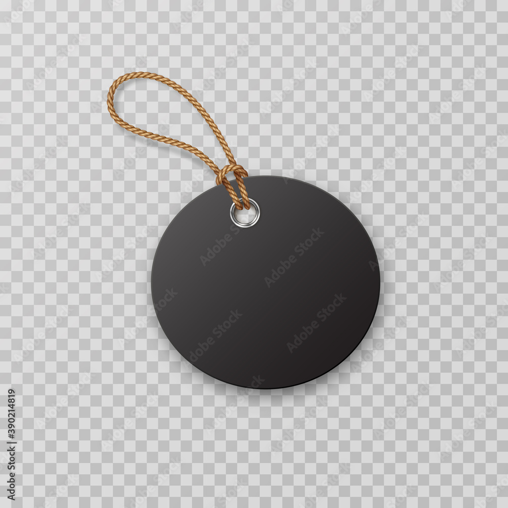 Black tag with rope isolated on transparent background. Circle ...