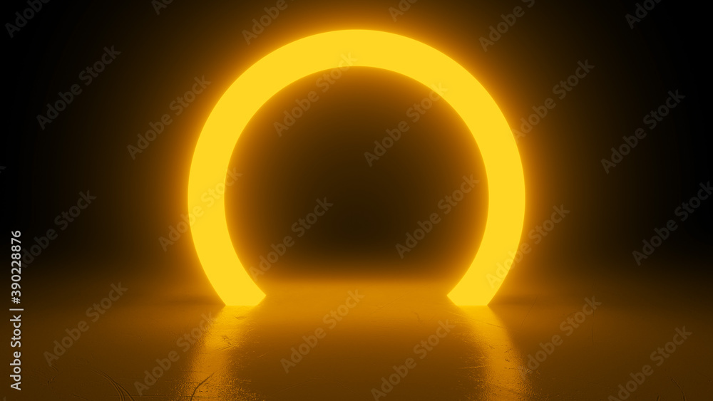 Circle neon orange light in black hall room. Abstract geometric ...