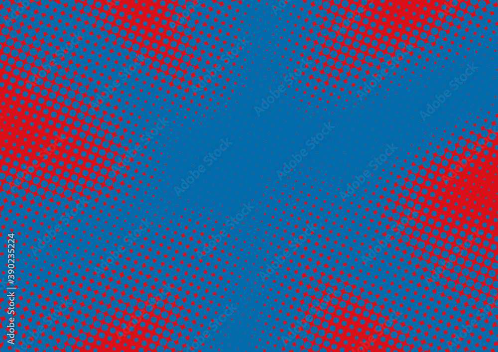 Bright blue dots on red pop art comic background with halftone effect ...