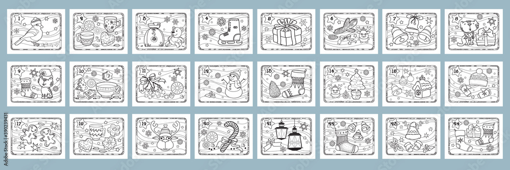 Christmas advent calendar. Set of coloring pages for kids. Vector ...