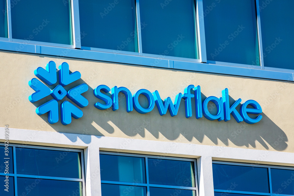 Snowflake logo and sign at the company corporate headquarters in ...