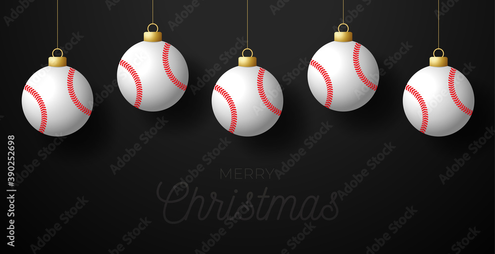 Merry Christmas baseball greeting card. Hang on a thread baseball ball ...