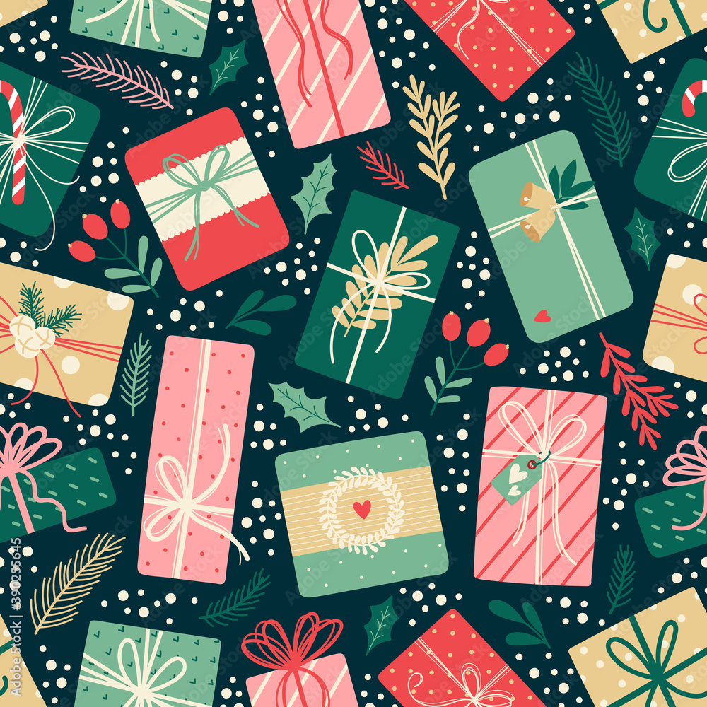 Christmas seamless pattern with gifts, berries, holly leaves, snow ...
