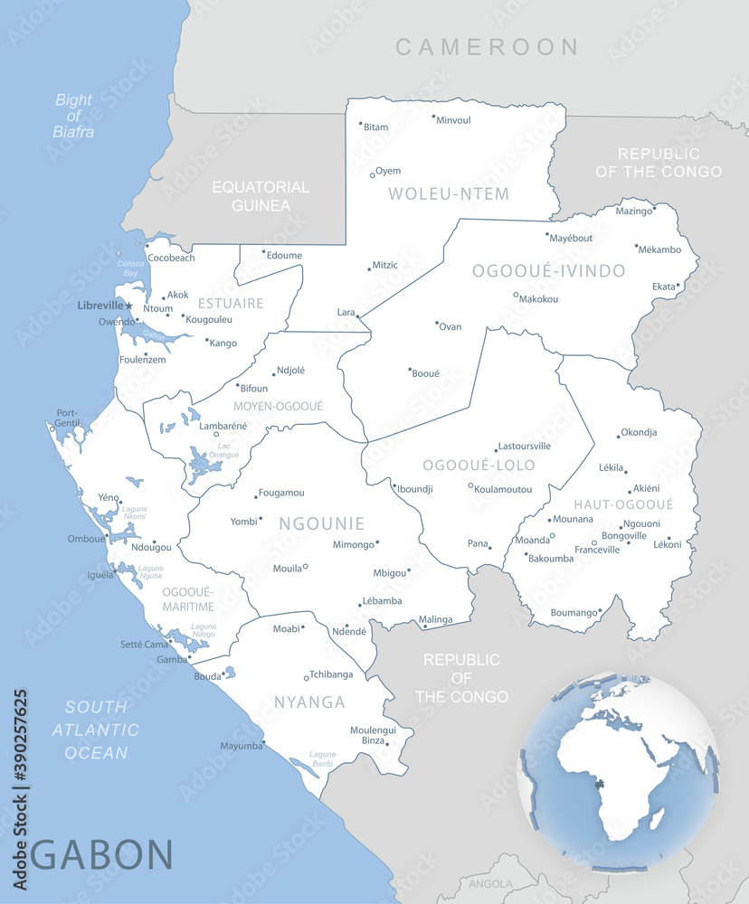 Blue-gray detailed map of Gabon administrative divisions and location ...