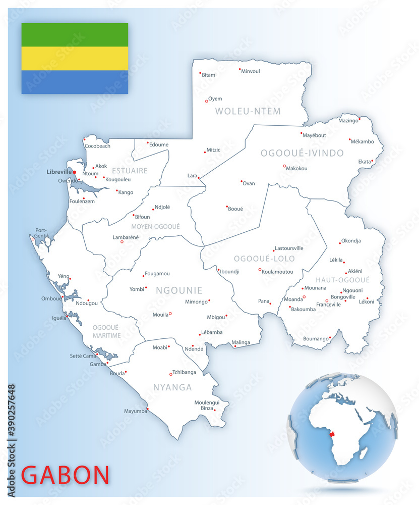 Poster Detailed map of Gabon administrative divisions with country flag ...
