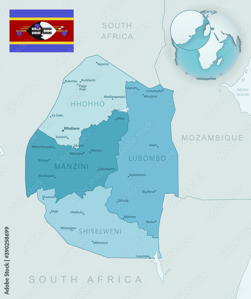 Blue-green detailed map of Eswatini administrative divisions with ...