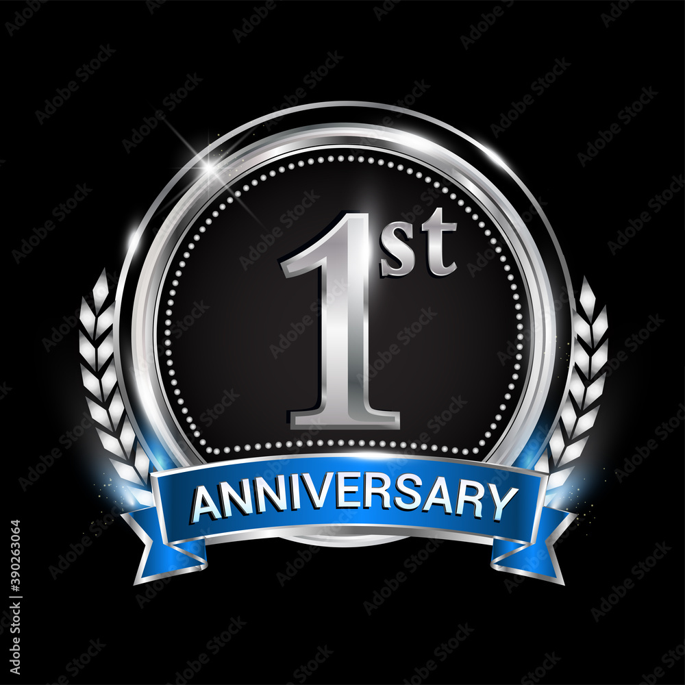 1st anniversary logo with silver ring combination blue ribbon and ...