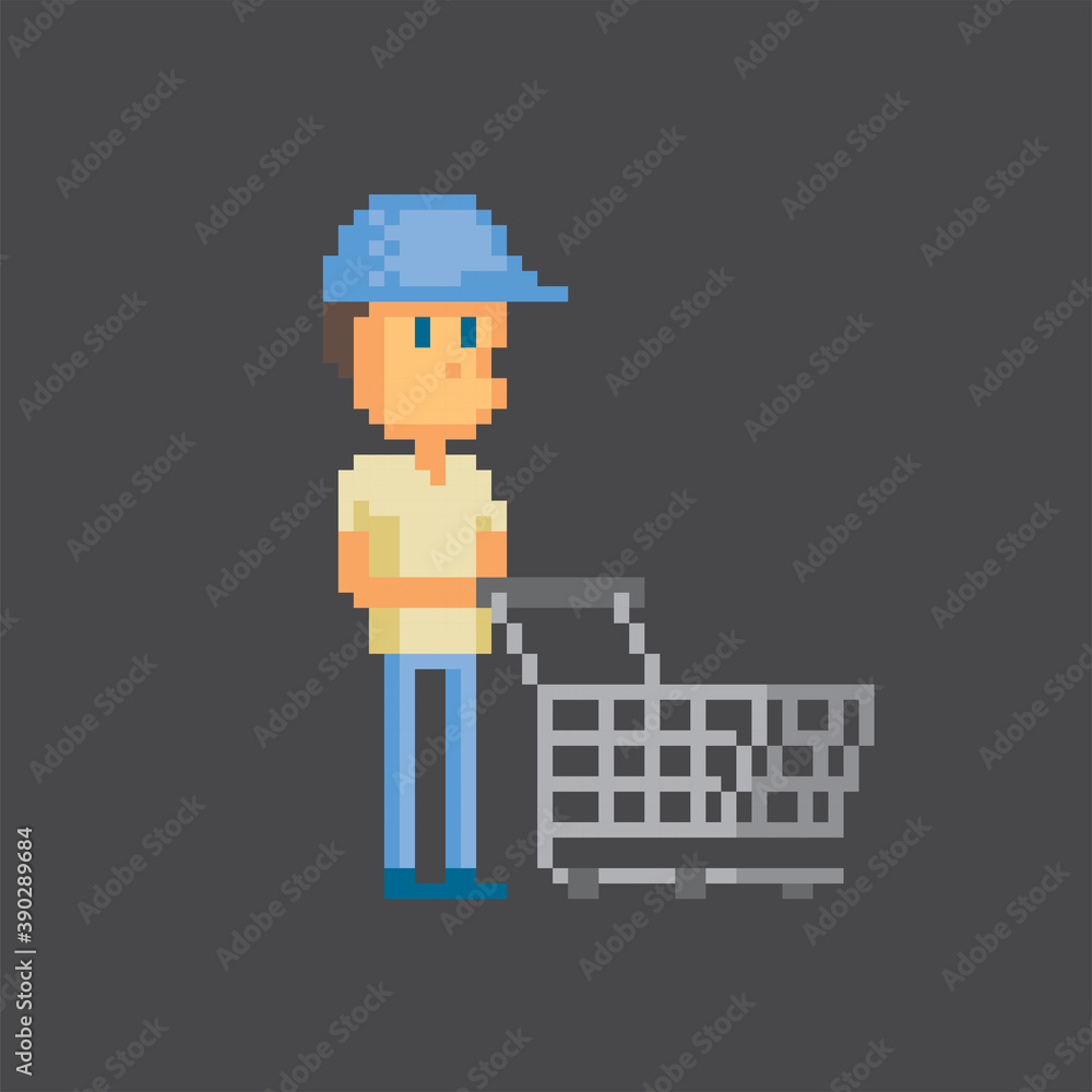Male shopper with a shopping cart. Pixel art. Old school computer ...