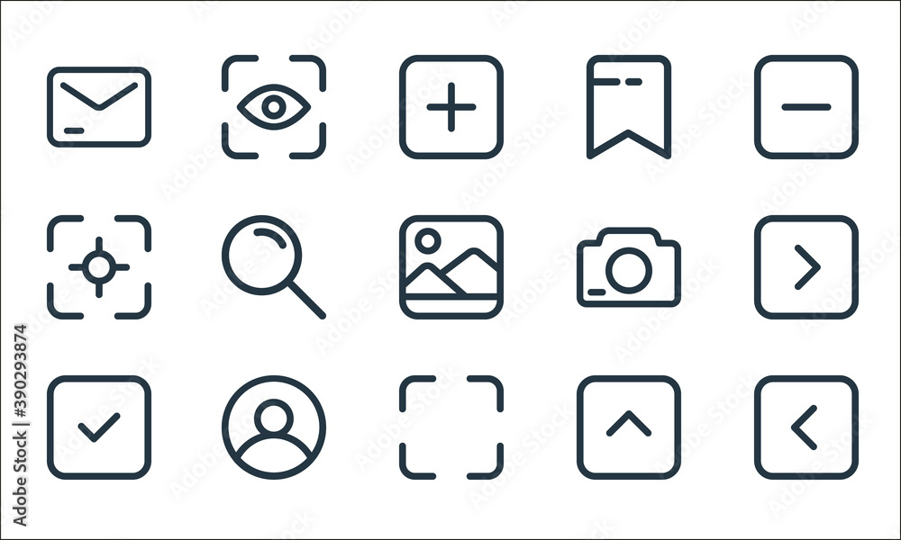 interface line icons. linear set. quality vector line set such as left, focus, tick, up arrow ...