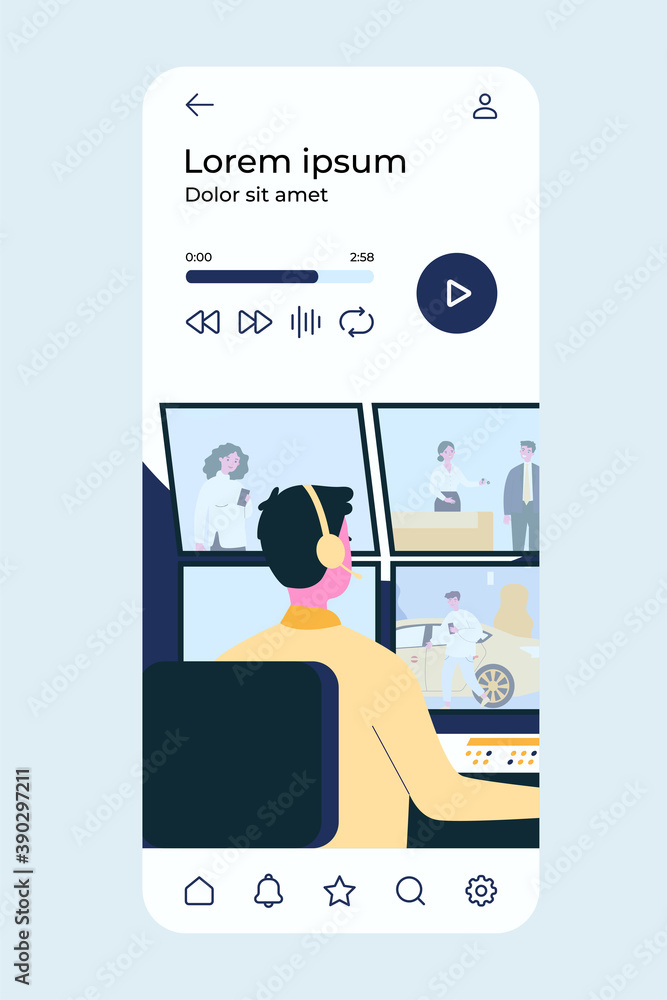 Security service worker sitting in dark control room flat vector ...