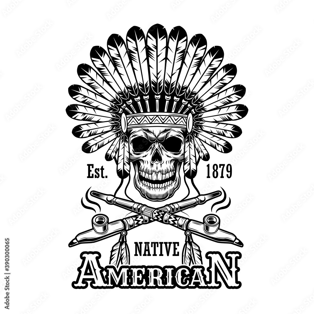 Native American symbol vector illustration. Skull in feather headdress ...
