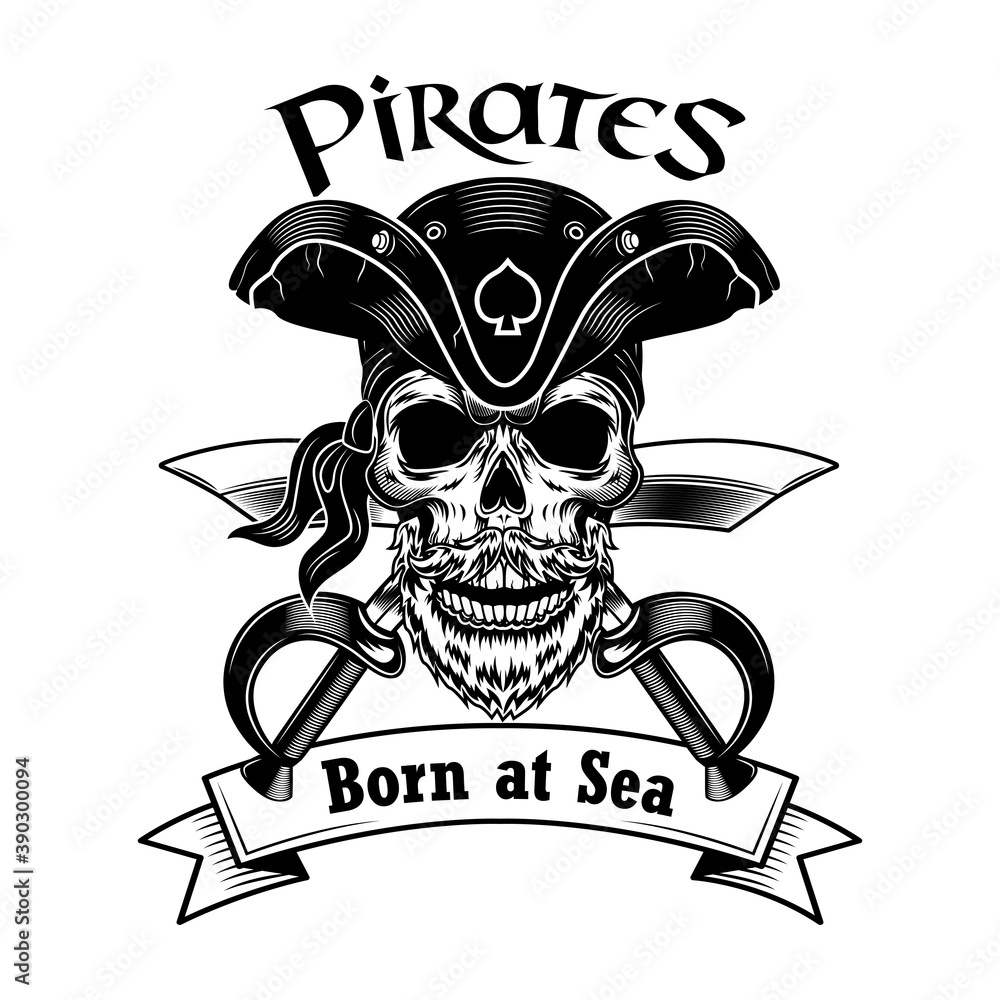 Pirate captain vector illustration. Skull in vintage pirate hat with ...