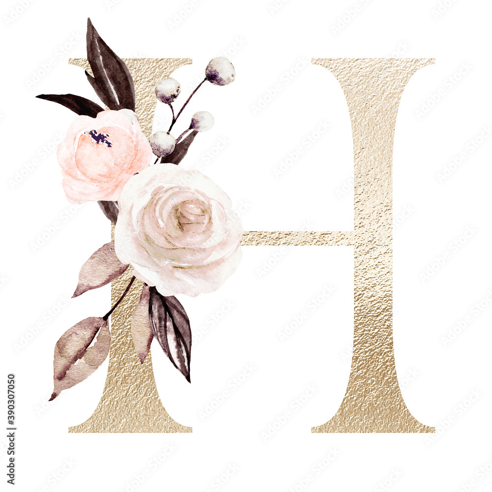 Floral alphabet, letter h with watercolor flowers and leaf. Gold ...