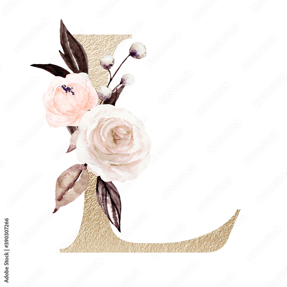 Floral alphabet, letter l with watercolor flowers and leaf. Gold ...