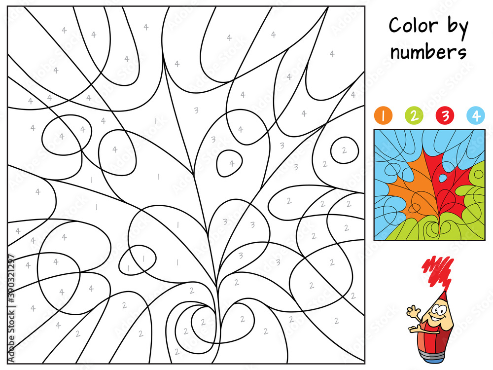 Maple leaf. Color by numbers. Coloring book. Educational puzzle game ...