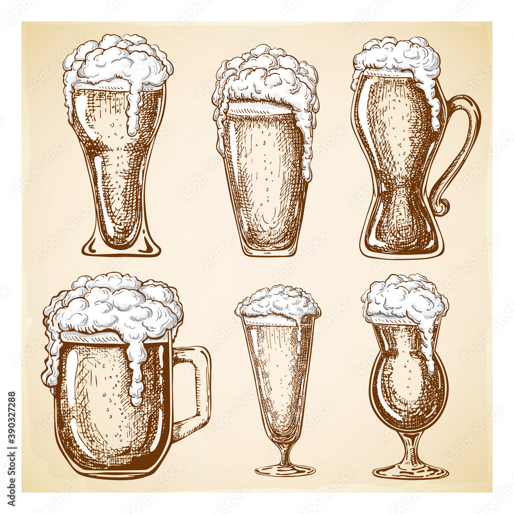 hand drawn full beer glasses with dropping froth. beer mugs ...