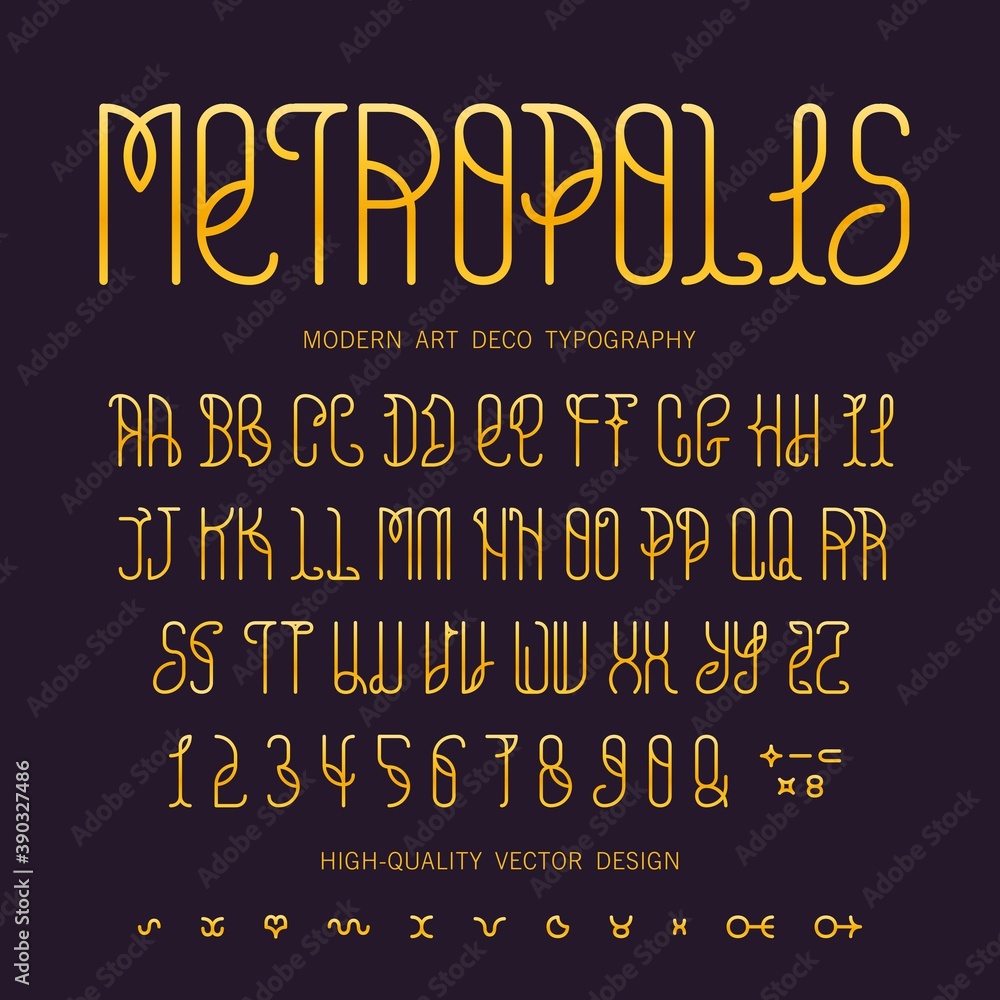 Art deco style font. Line art elegant alphabet design. Vintage long ...