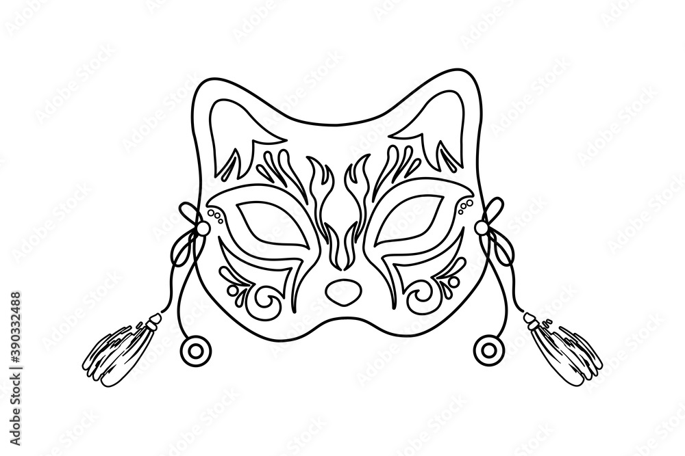 Japanese Fox mask for the face. Picture for coloring. Vector image on a ...