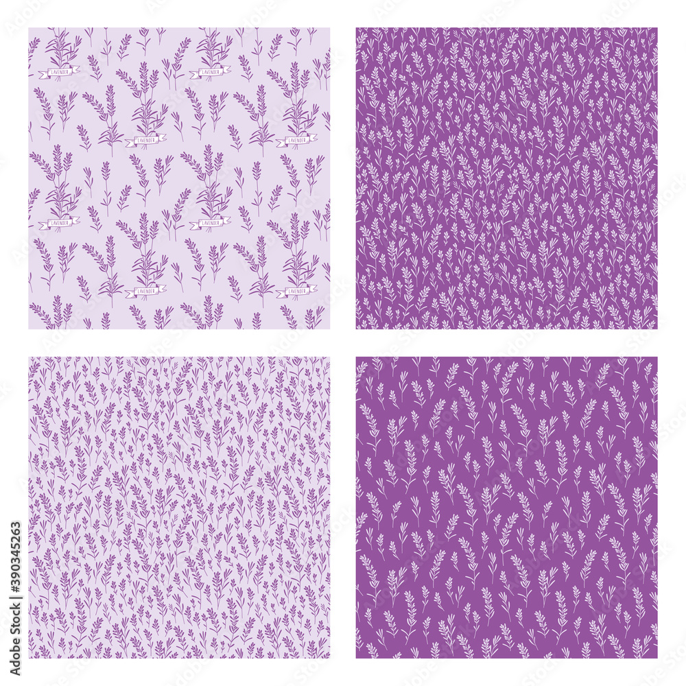 Set of cute floral seamless patterns. Brushes of lavender flowers for ...