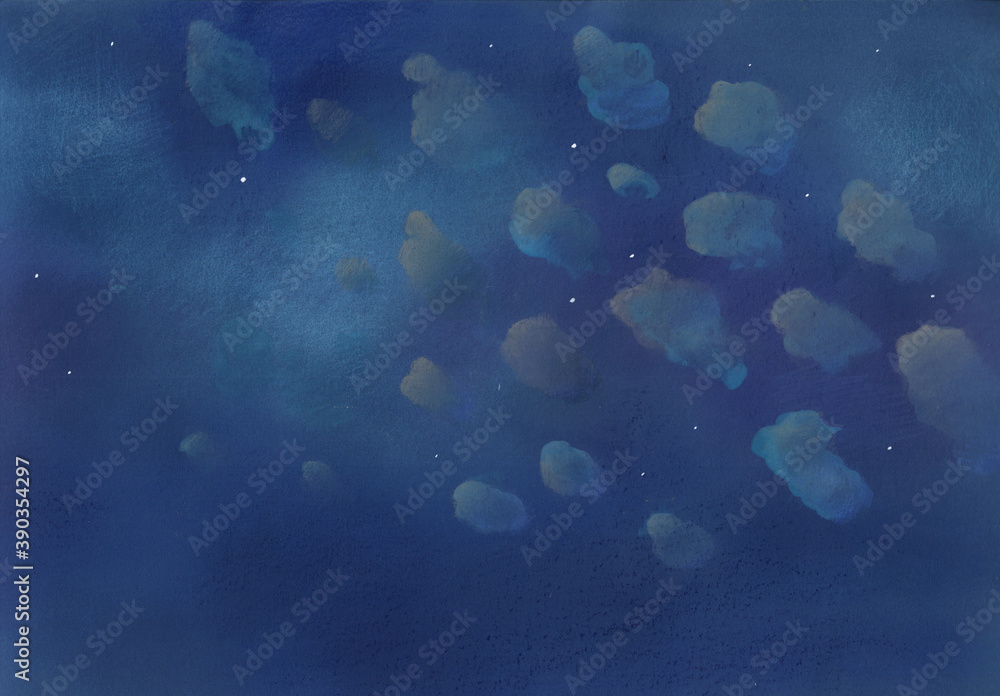 watercolor and crayon illustration of night sky with clouds Stock ...
