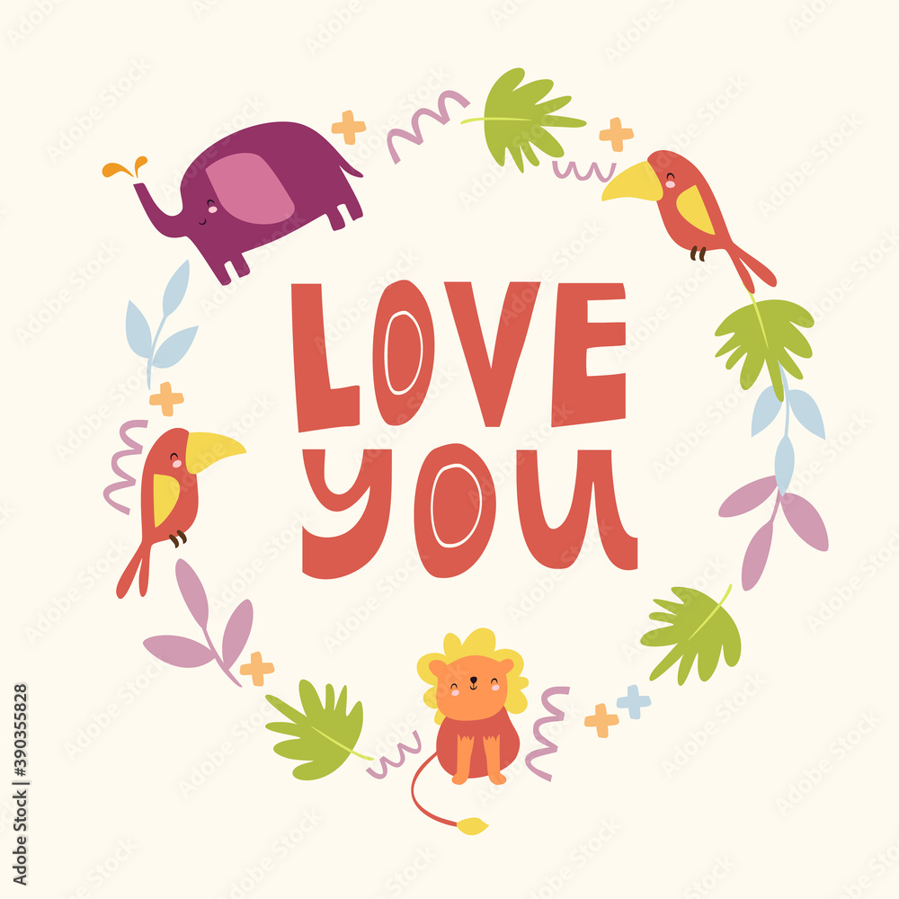 cute card with safari animals love you. kids poster and print Stock ...