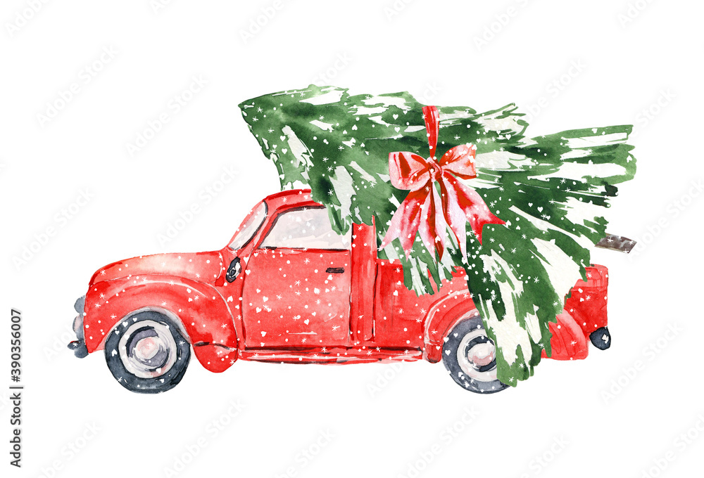 Watercolor red christmas truck clipart, Hand drawn vintage red truck ...