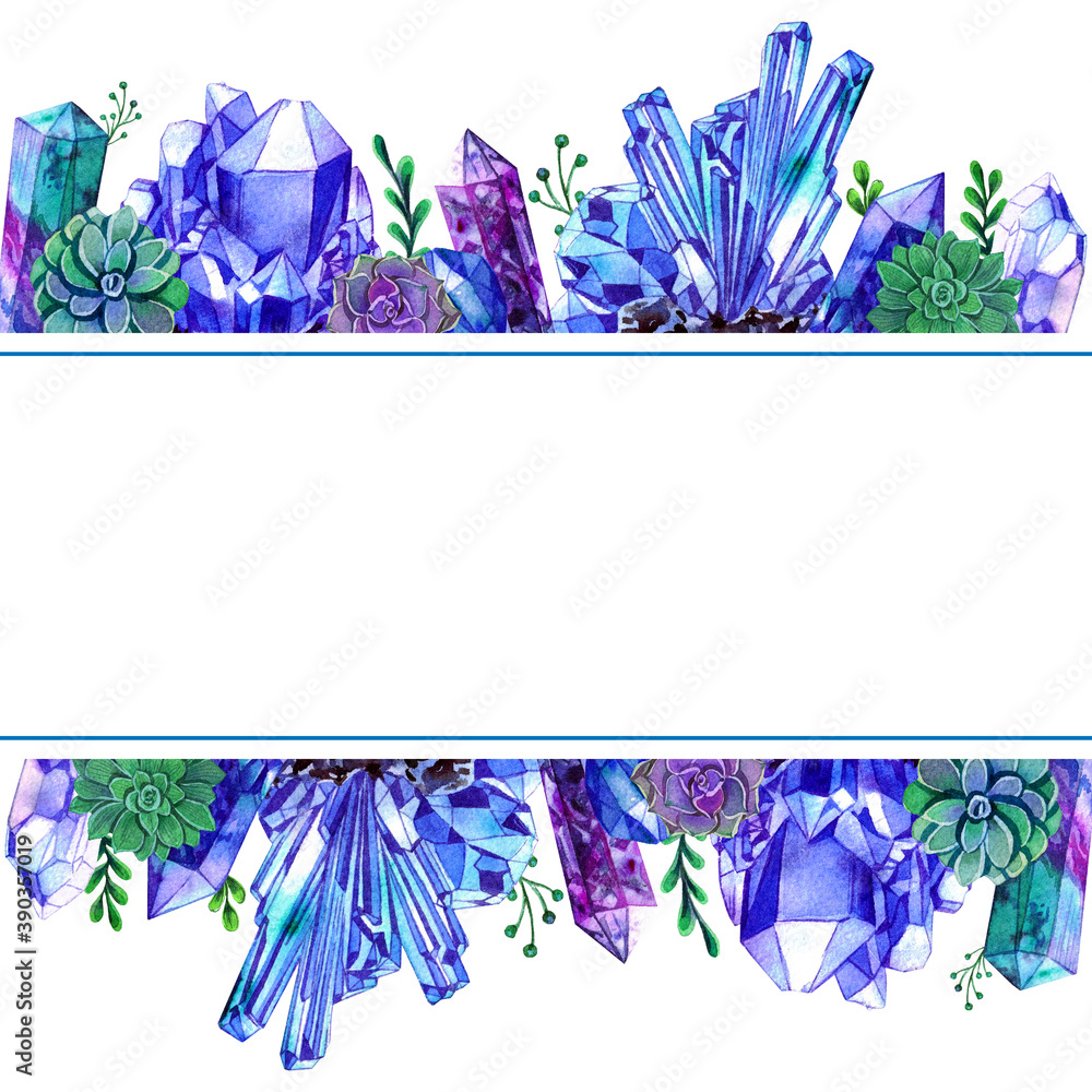 Watercolor colorful crystal border frame with succulents and leaves ...