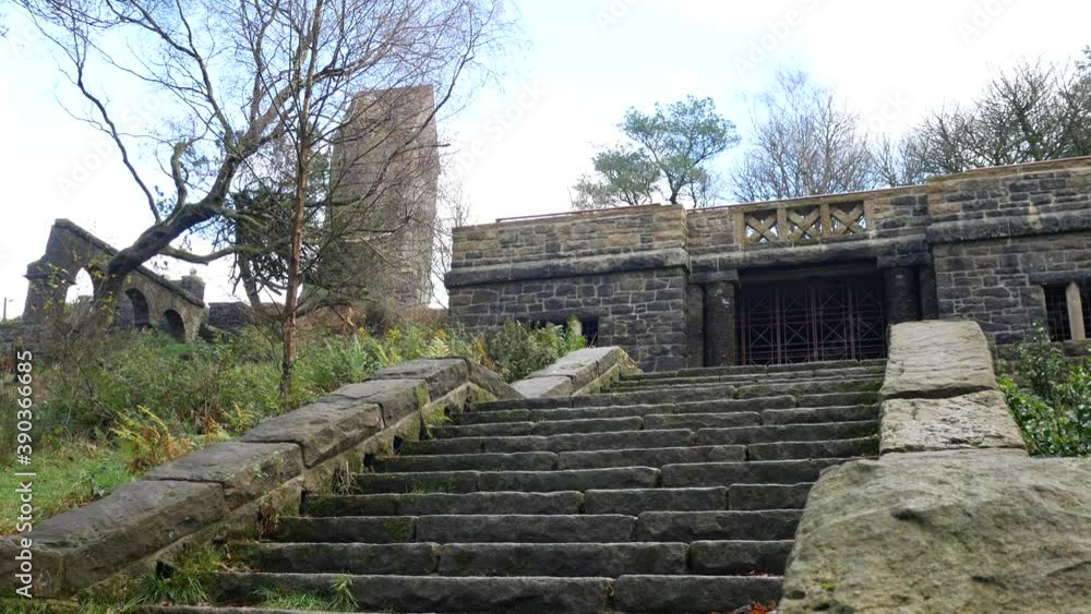 Stone moss covered staircase ruins Autumn woodland Rivington ornamental ...