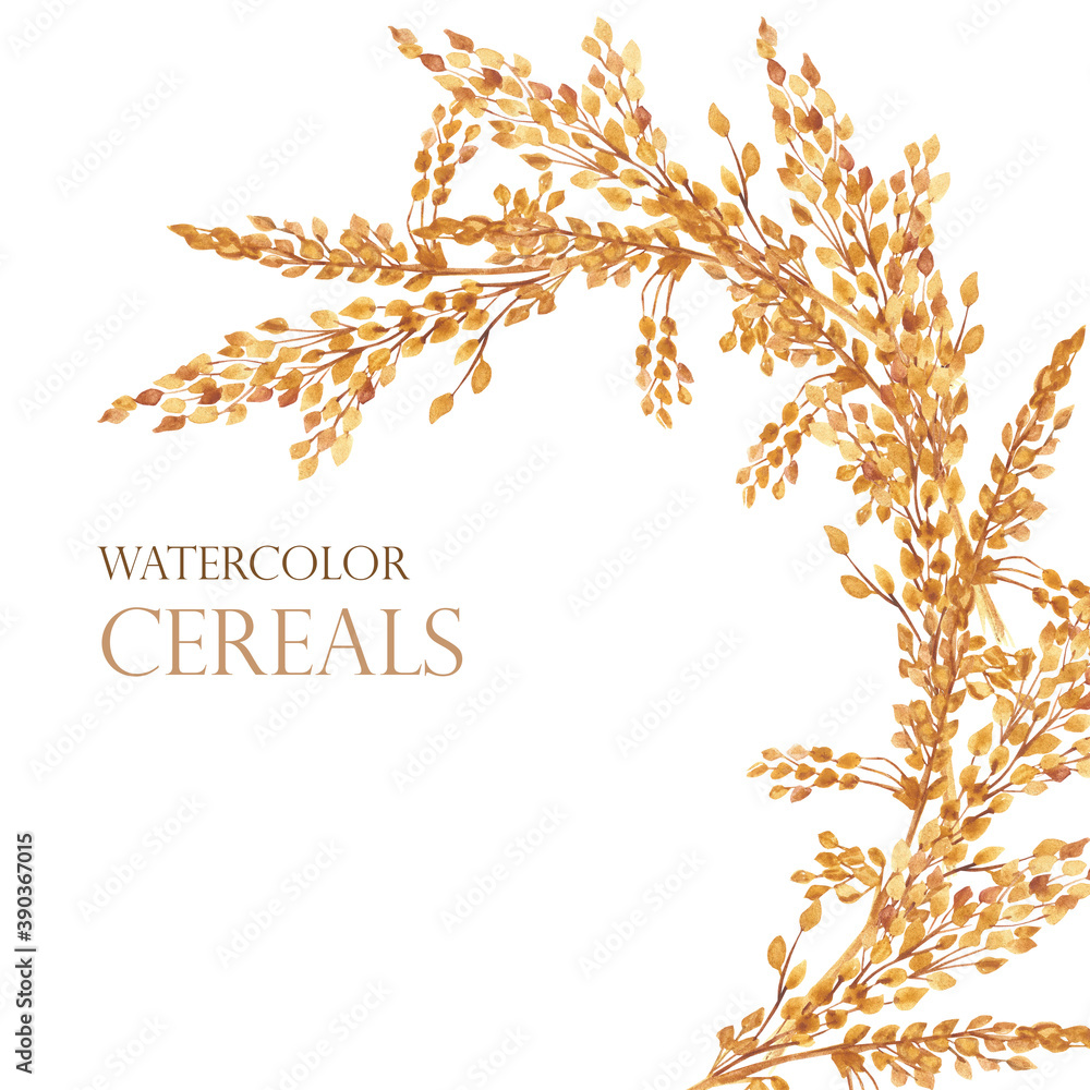 Watercolor hand painted nature organic frame with yellow golden grain ...