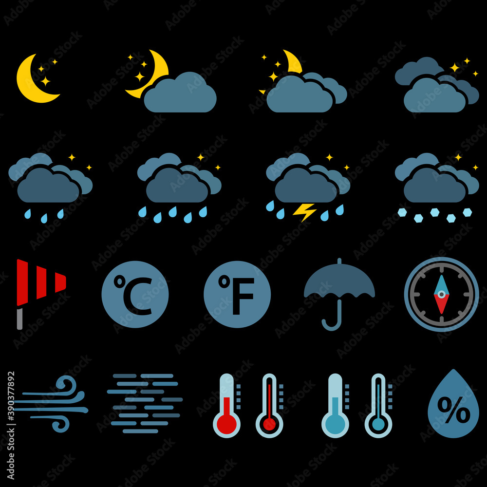 Weather Forecast color icons night set simple flat symbols isolated on ...