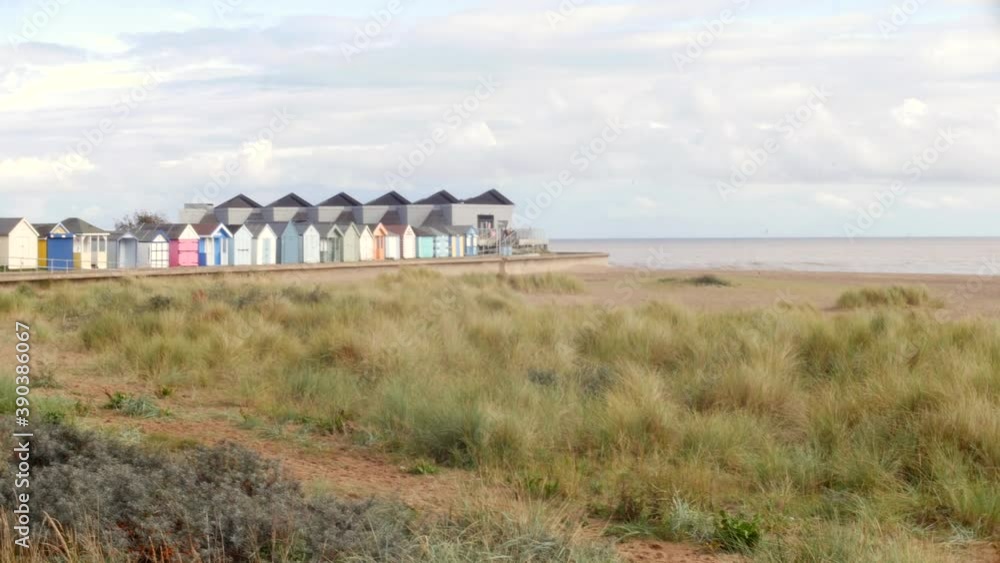 A seagull flies past the beach huts and North Sea Observatory at Chapel ...