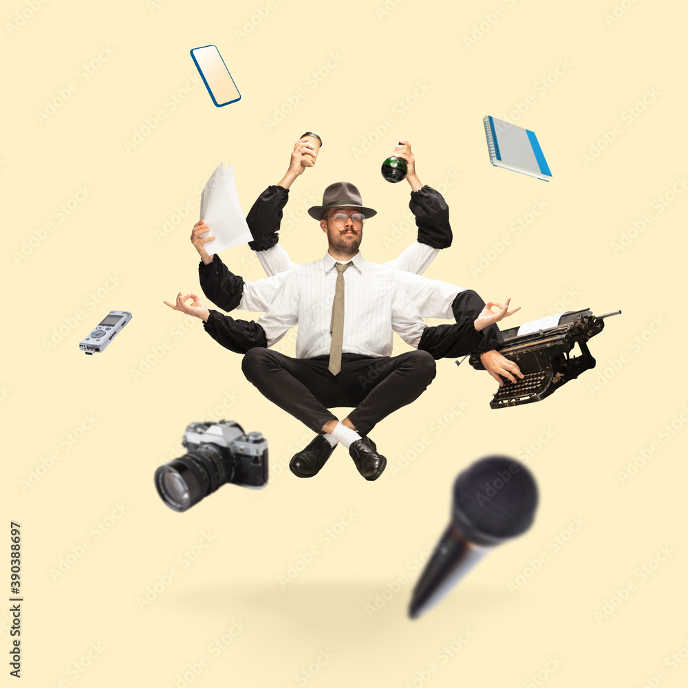 Handsome journalist, multi-armed correspondent levitating isolated on ...