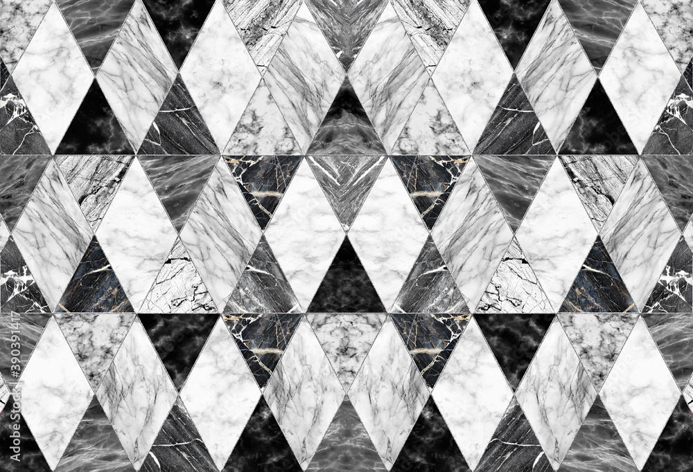 Black and white marble in the form of diamonds with silver edging ...
