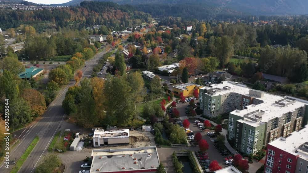 Birdseye footage of Issaquah, Olde Town, Newport, the I-90 highway ...