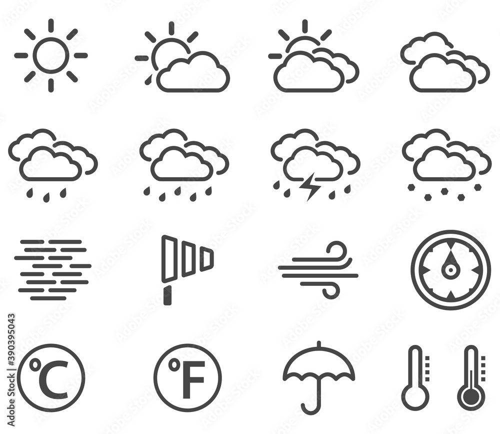 Weather Forecast symbols day set line or outline style simple flat ...