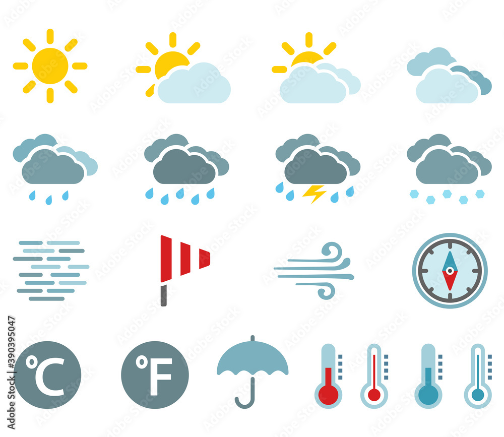 Weather Forecast color icons day set simple flat symbols isolated on ...