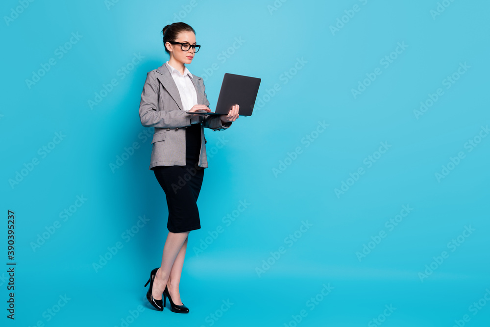 Full length body size view of nice focused lady geek IT expert hands ...