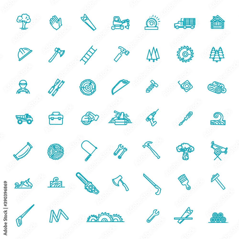 Logging, sawmill line icons. Instruments for working with wood Stock ...